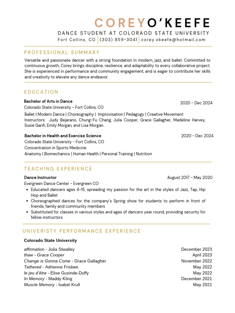 Corey Okeefe Dance Resume 224 | PDF | Dances | Ballet