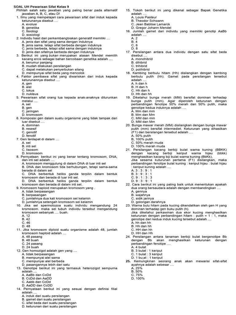 Latihan Soal IPA Pewarisan Sifat Kelas 9 SMP MTs K13 | PDF