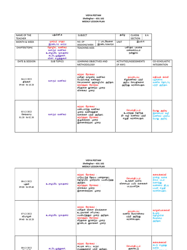 Tamil Weekly Lesson Plan Overview | PDF | Teaching | Pedagogy