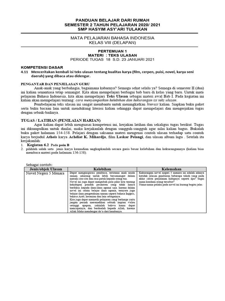 Panduan BDR Kelas 8 Teks Ulasan Pertemuan 1 | PDF