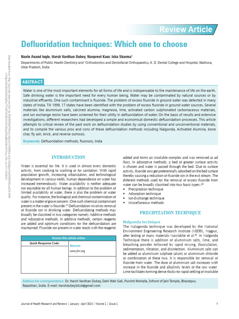 Defluoridation Techniques Which One To Choose.1 | PDF | Water ...