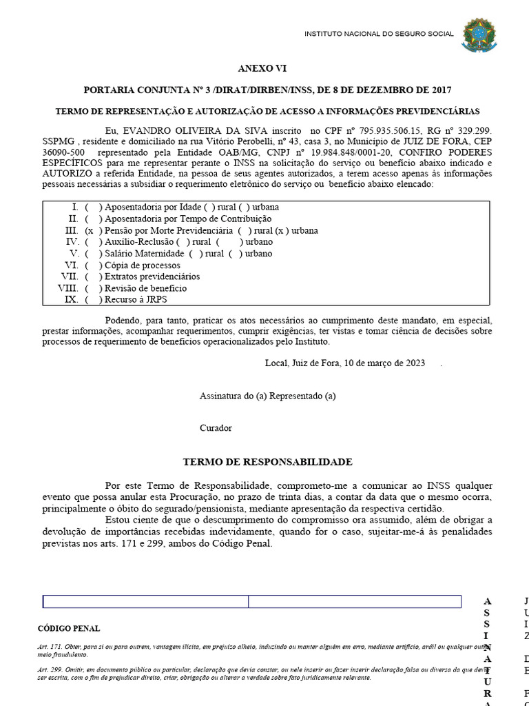 Termo de Representação INSS 2017 | PDF