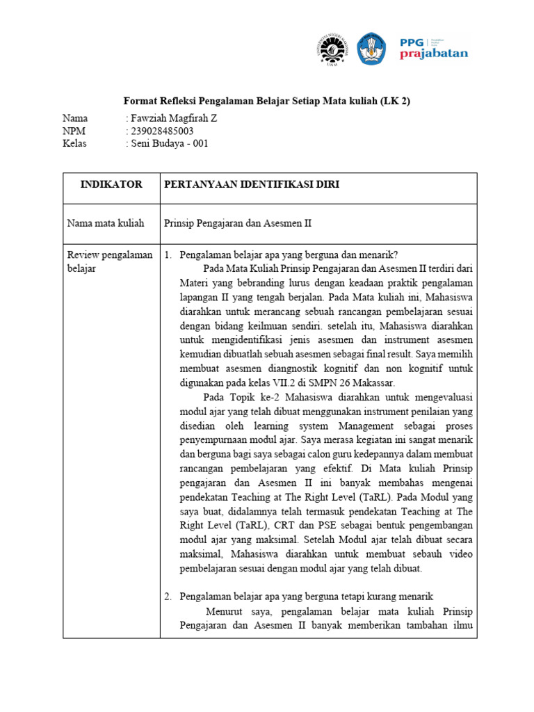 Jurnal Refleksi - Fawziah Magfirah Z - Prinsip Pengajaran Dan Asesmen ... Jurnal Refleksi - Fawziah Magfirah Z - Prinsip Pengajaran Dan Asesmen ...