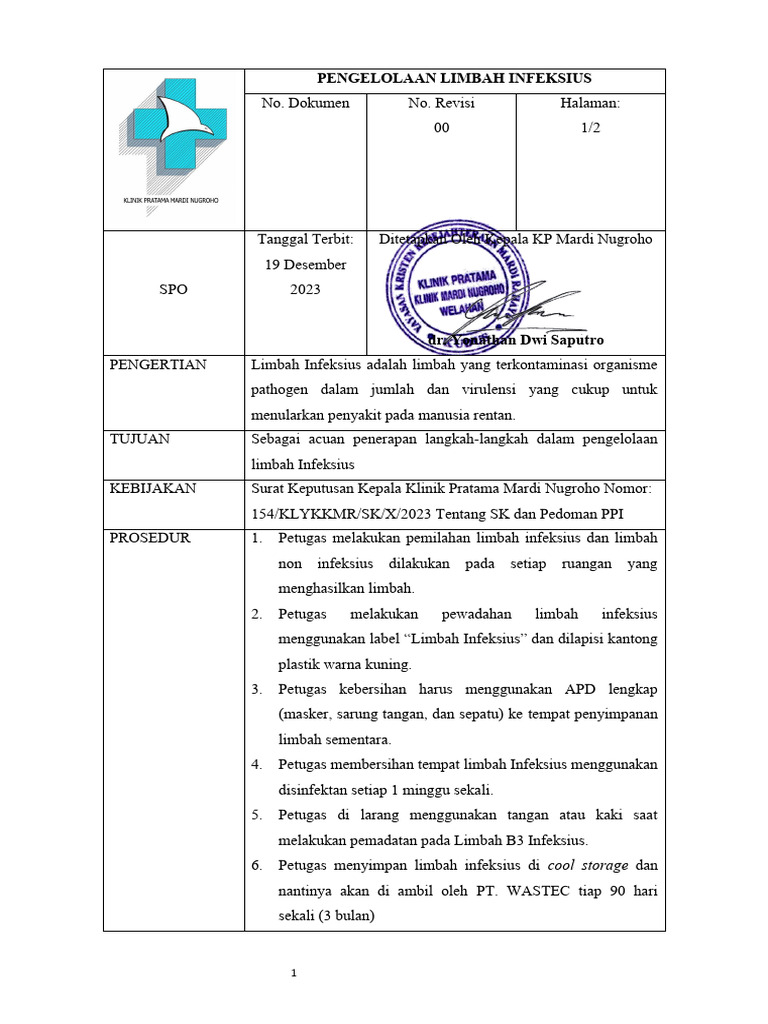 Spo Pengelolaan Limbah Infeksius | PDF | Teknologi & Rekayasa