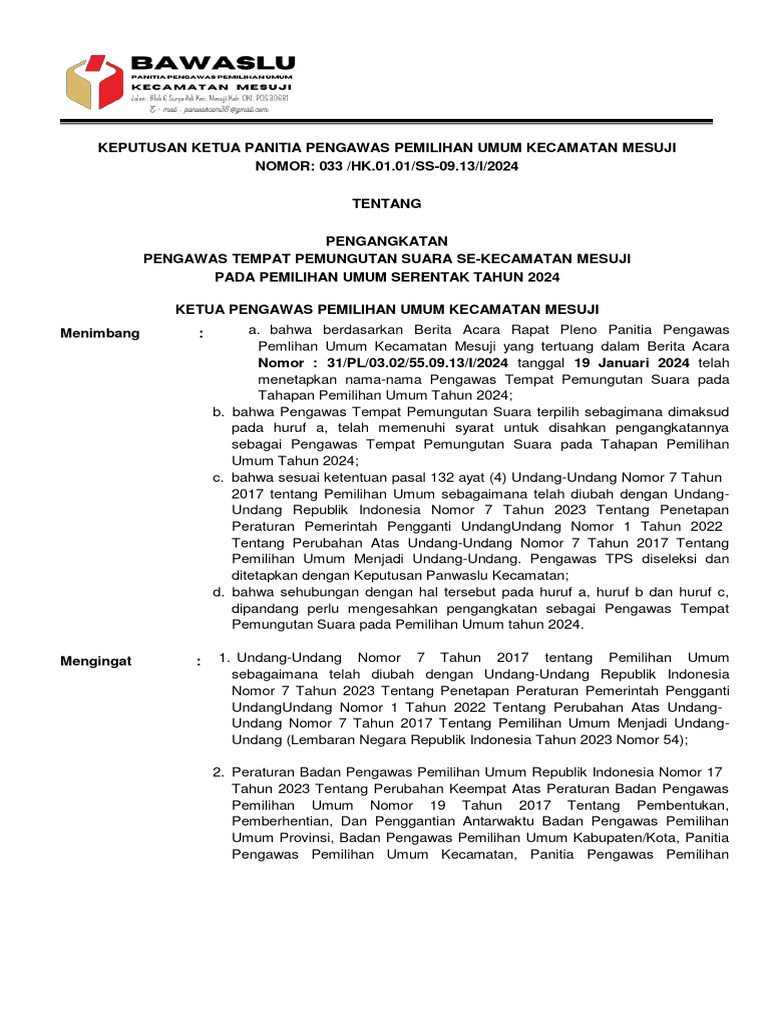 Pengangkatan Pengawas TPS Mesuji 2024 | PDF