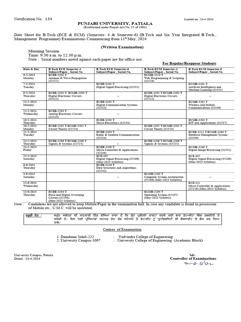 B.Tech. ECE & ECM Sem-4 & 6 Notification No. 13424-04-2024,04-09-06pm ...