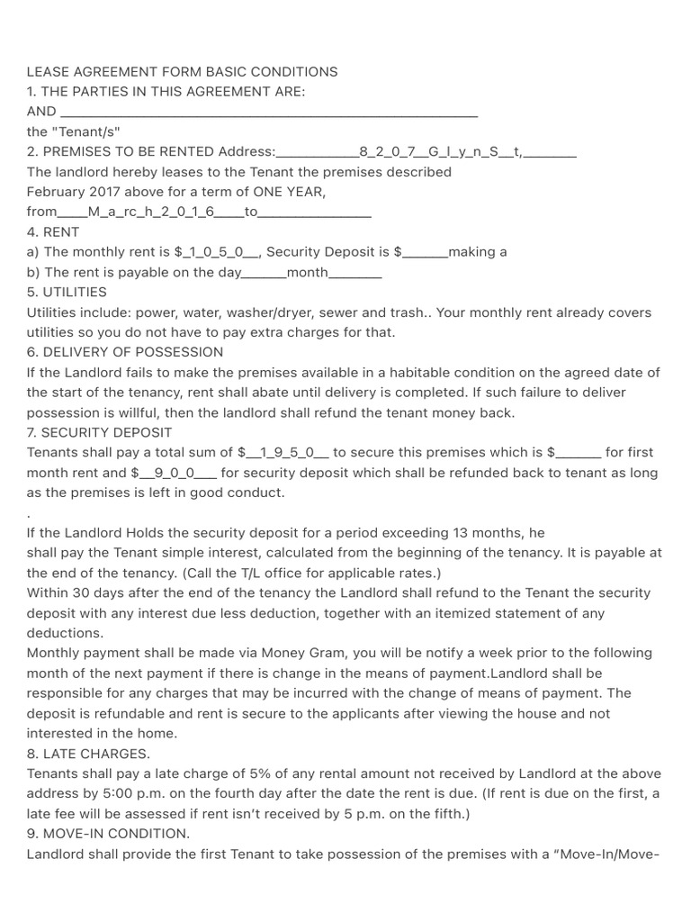 One-Year Lease Agreement Form | PDF | Leasehold Estate | Landlord