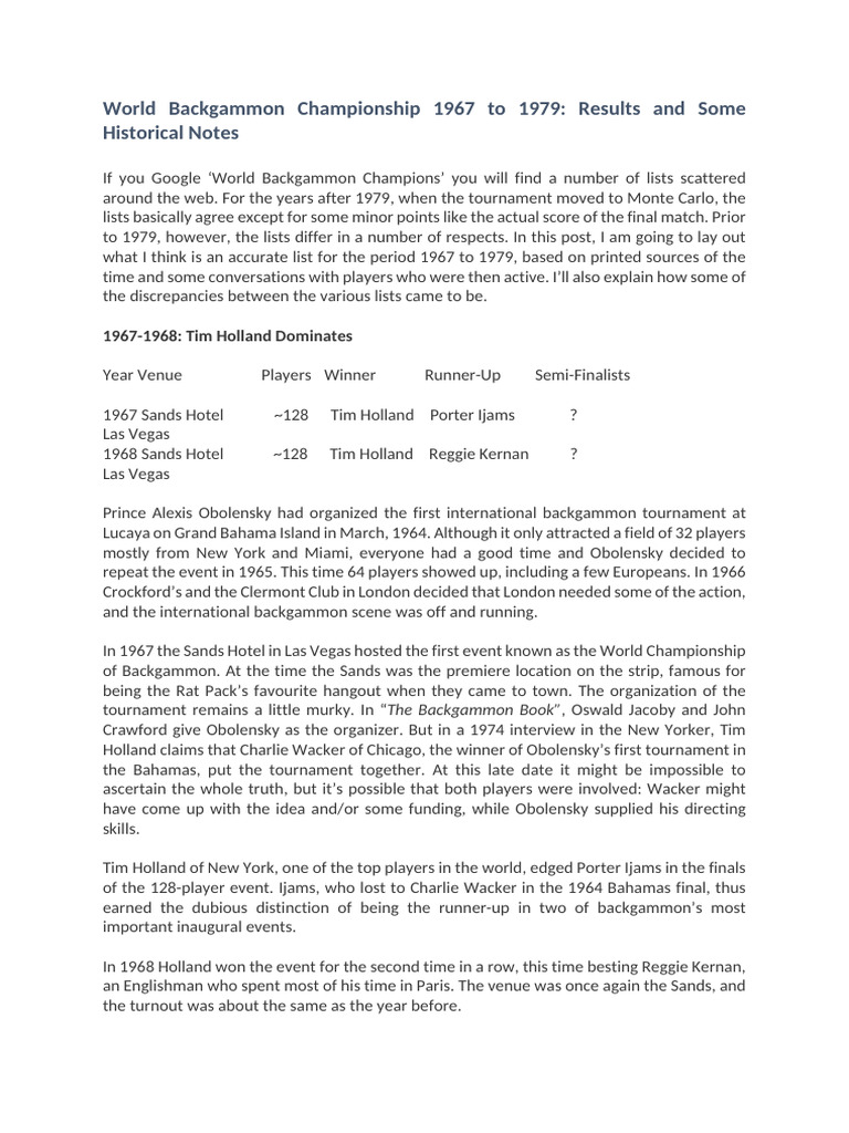 World Backgammon Championship 1967 To 1979 | Download Free PDF ...