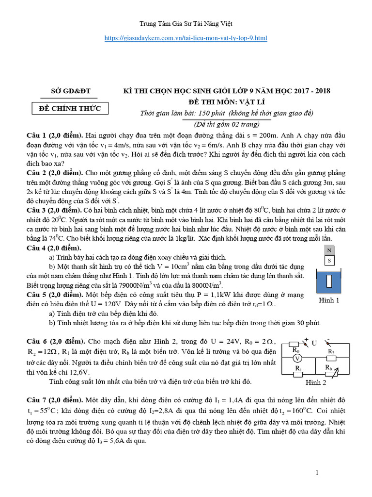 De Thi Hoc Sinh Gioi Vat Ly Lop 9 Nam 2017 2018 de Thi Hoc Sinh Gioi Vat Li 9 Nam 20172018 | PDF