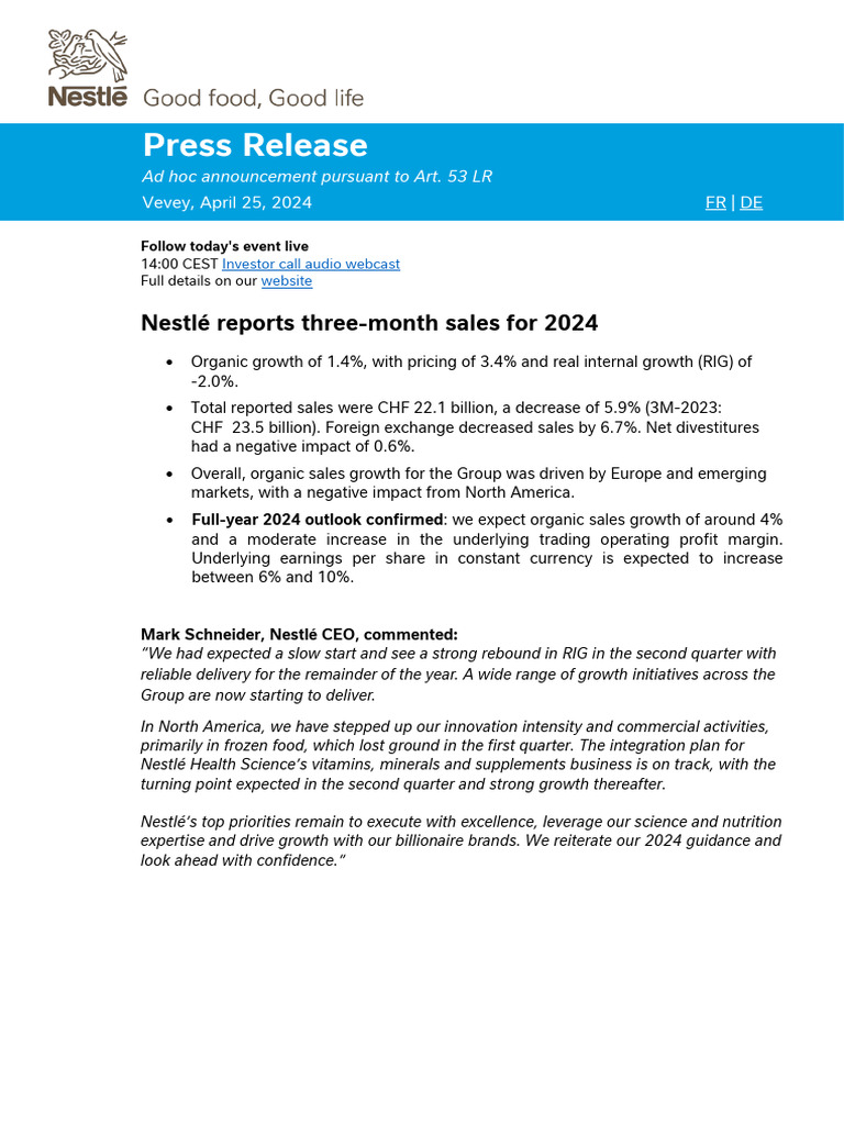 Nestlé Q1 2024 Sales Report | PDF | Nestlé