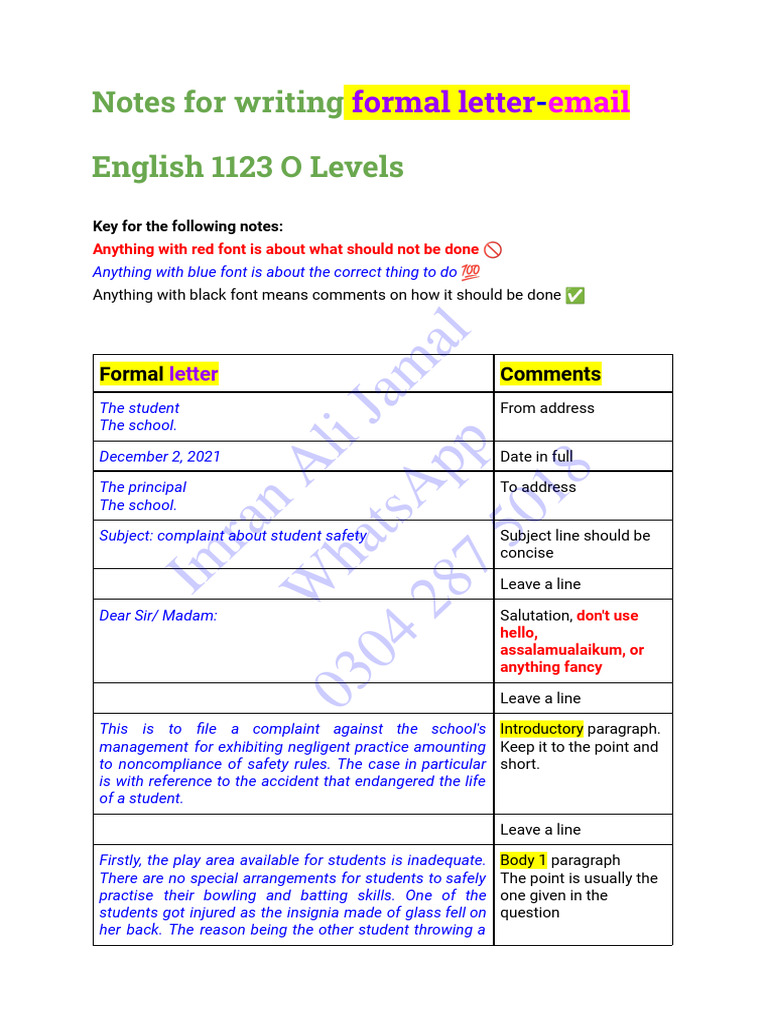 English 1123 O Level - Notes For Writing Formal Letter-Email | PDF