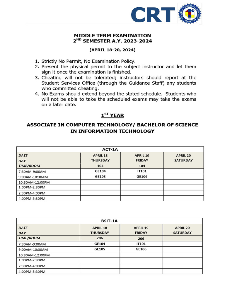Midterm Exam Schedule April 2024 | PDF | Academic Term | Science