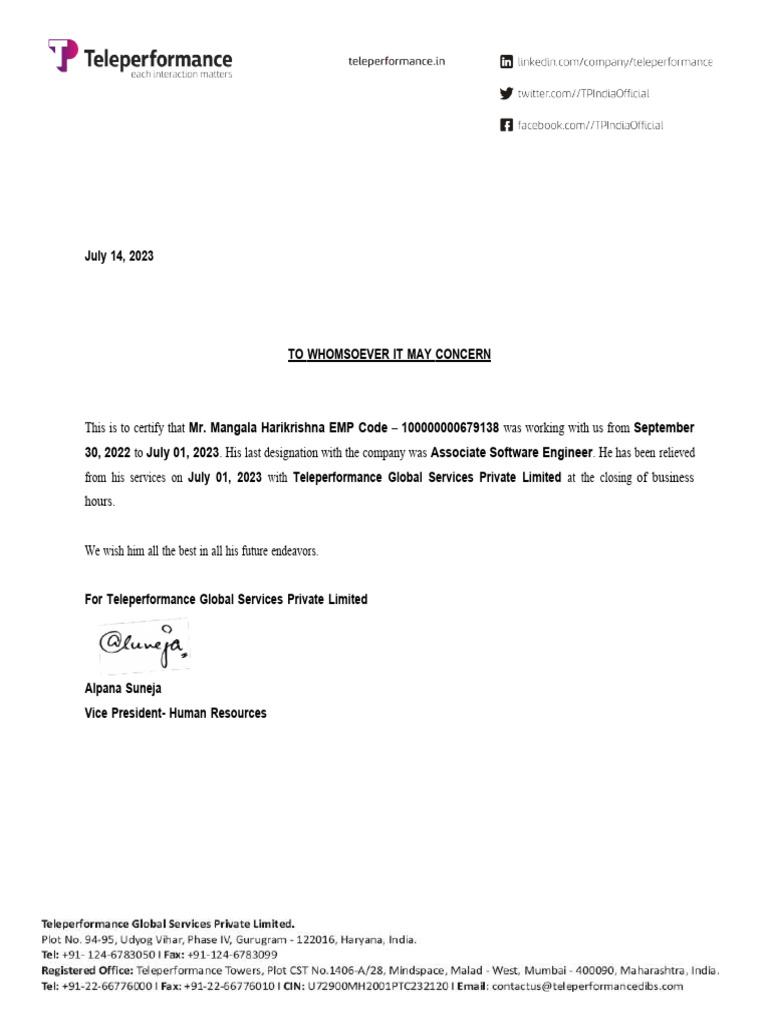 Experience Cum Relieving Letter | PDF