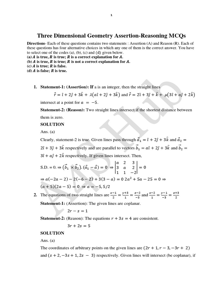 Three Dimensional Geometry Assertion-Reasoning Mcqs | PDF | Line (Geometry) | Equations