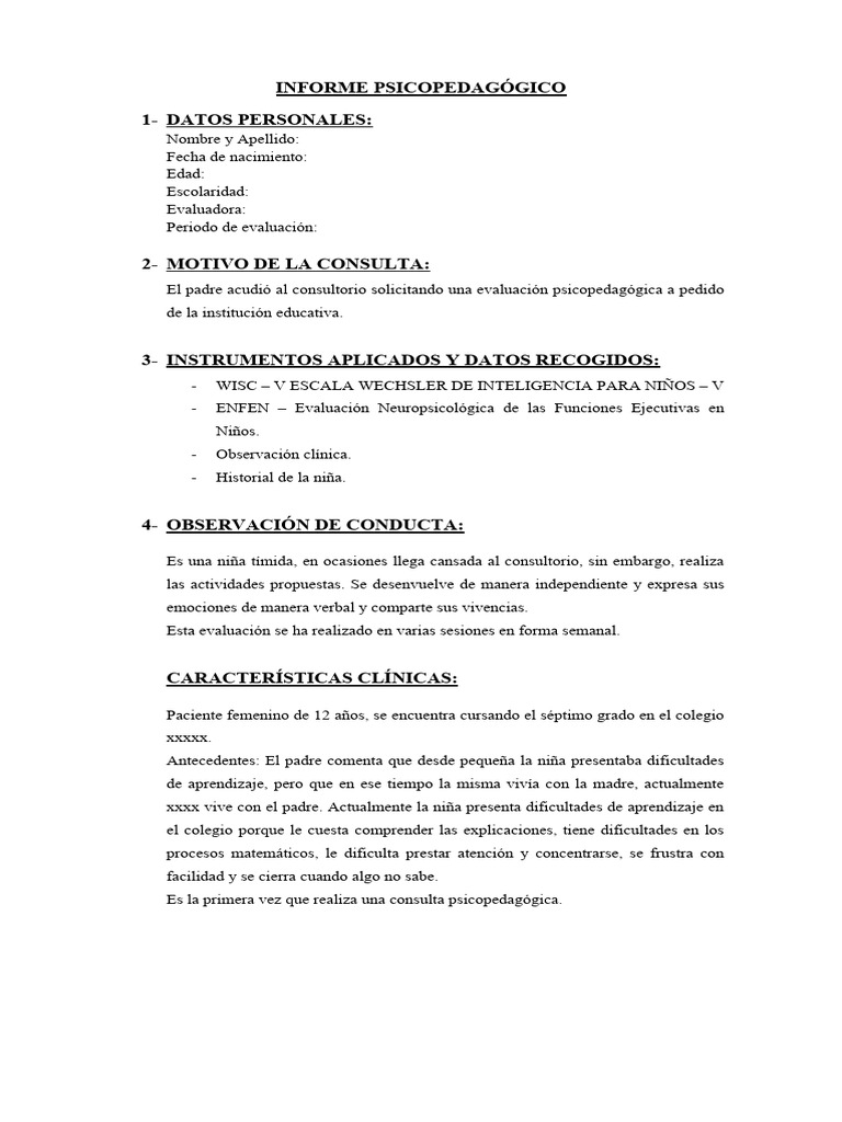 Ejemplo Informe Psicopedagógico | PDF | Aprendizaje | Memoria