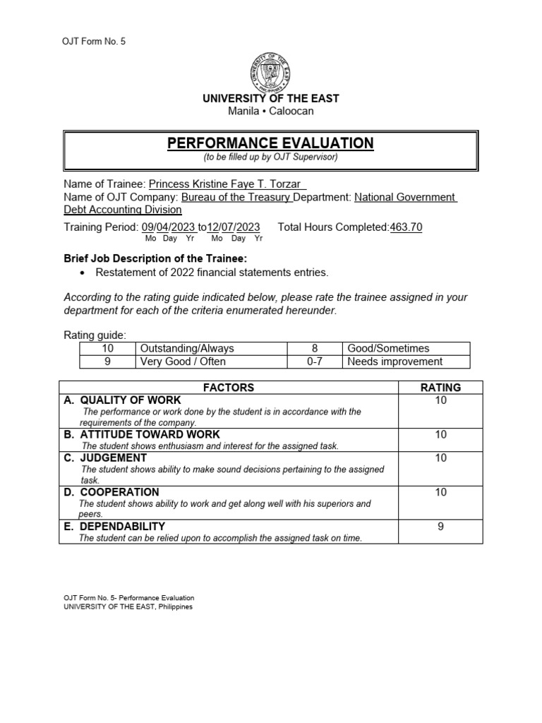 OJT Form 5 - Performance Evaluation | PDF | Performance Appraisal | Cognition