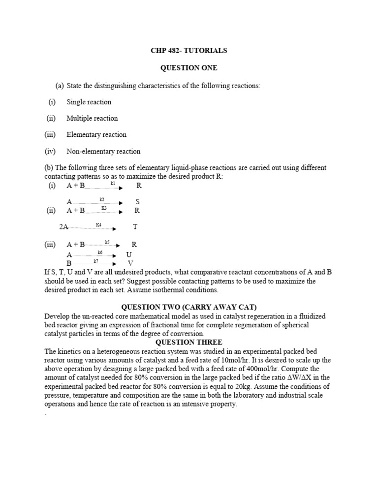 CHP 482 - Tutorials | PDF | Reaction Rate | Chemical Reactor