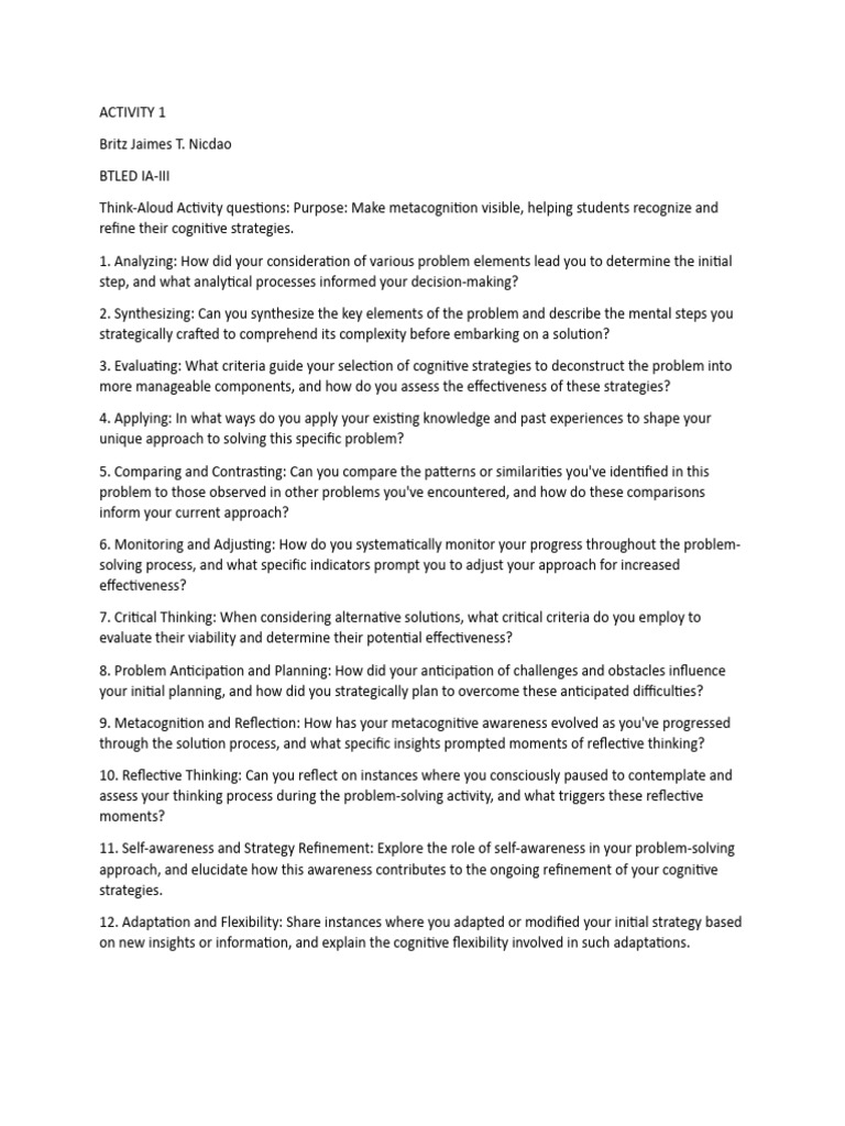 Activity 1 | PDF | Metacognition | Thought