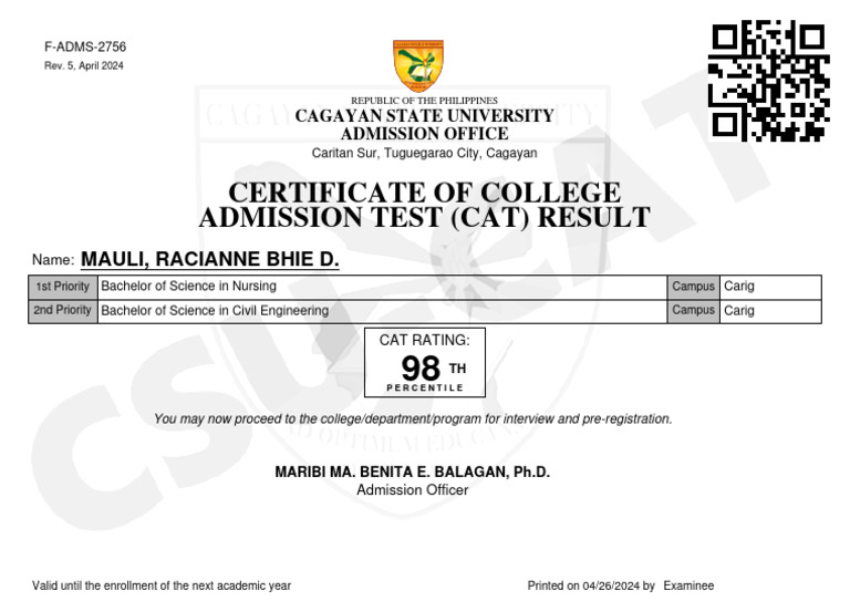 CSU CAT Result for Nursing and Engineering | PDF
