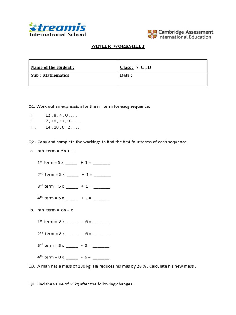 G7 - Math - Winter Worksheet | PDF