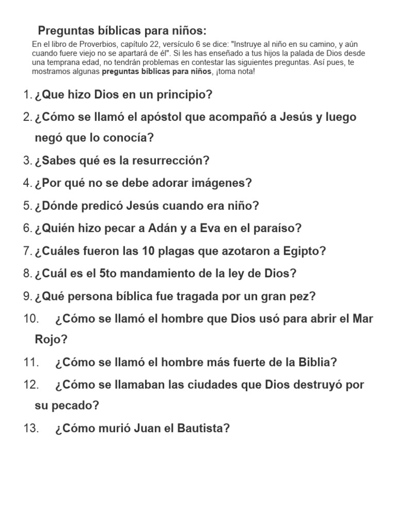 Preguntas bíblicas para niños | PDF | Biblia | Jesús