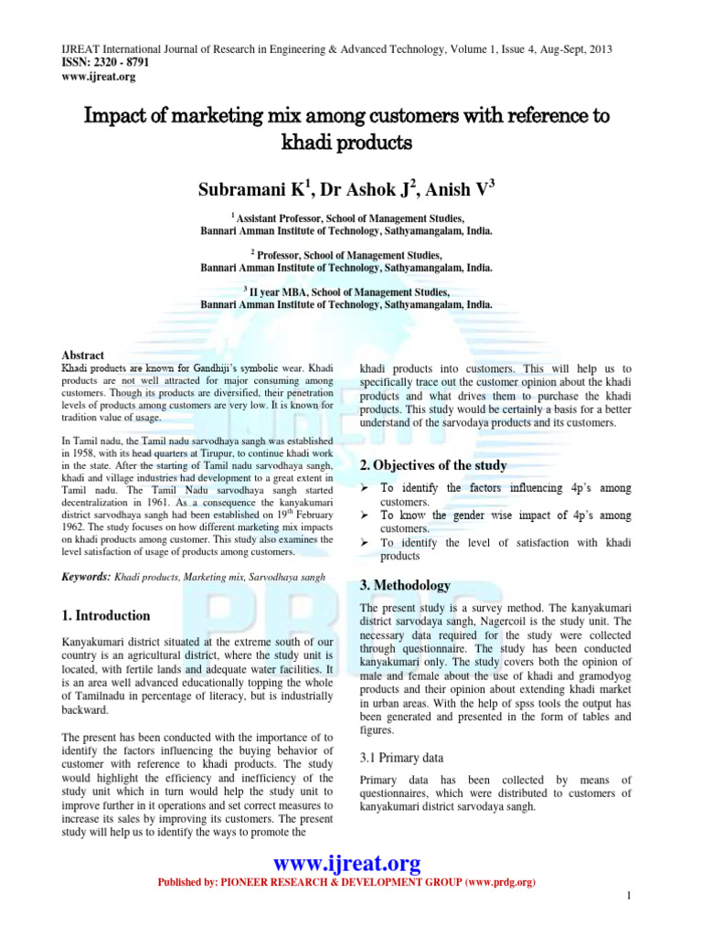 Impact of Marketing Mix Among Customers With Reference To Khadi Products | PDF | Sampling ...