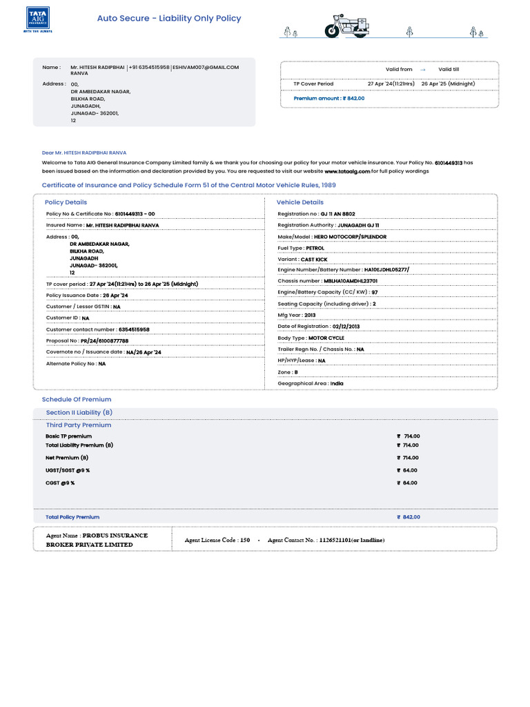 Certificate of Insurance and Policy Schedule Form 51 of The Central ...