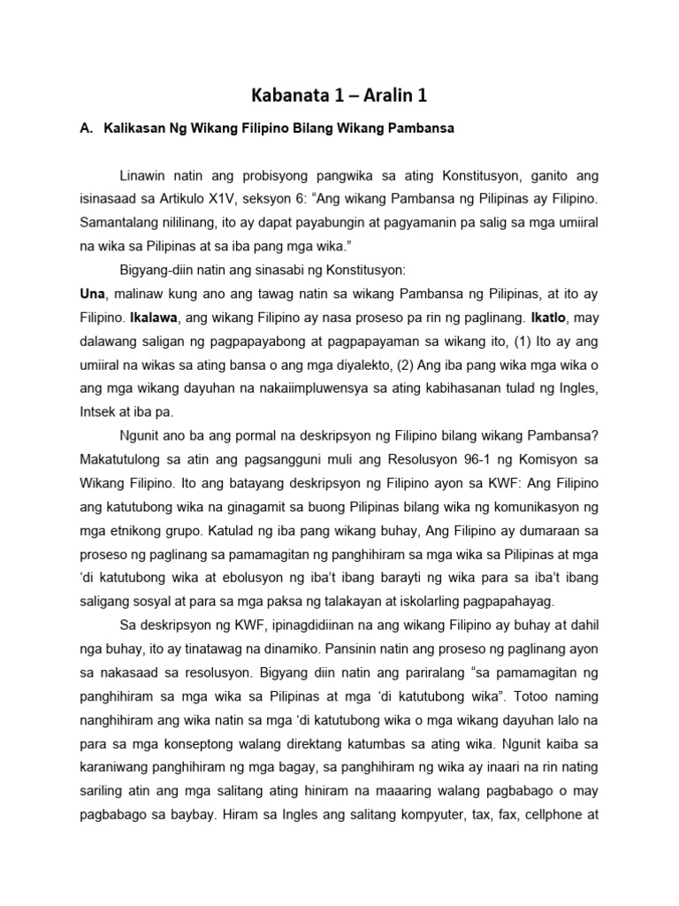 Kabanata 1 - Aralin 1 (A) Kalikasan NG Wikang Filipino Bilang Wikang ...
