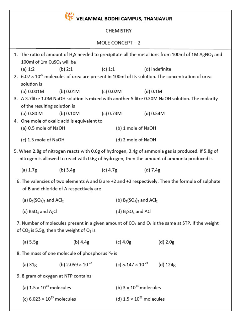 Mole Concept Practice Questions | PDF
