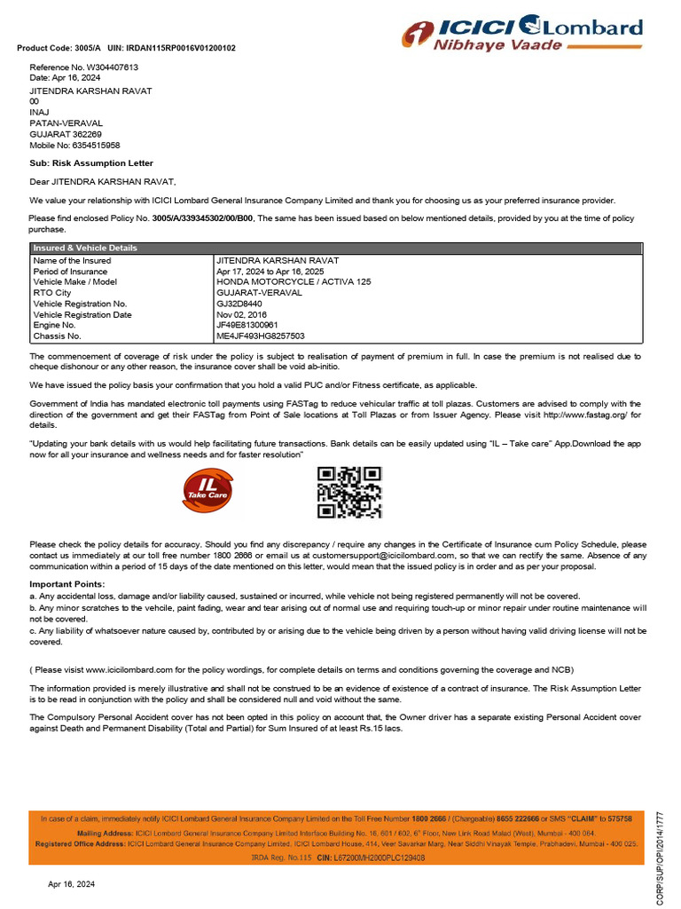 ICICI Lombard Two-Wheeler Insurance Policy | PDF | Insurance | Pro Rata