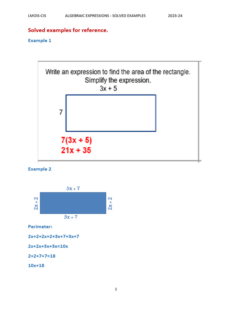 Algebraic Expressions For Area and Perimeter - Solved Examples | PDF Algebraic Expressions For Area and Perimeter - Solved Examples | PDF
