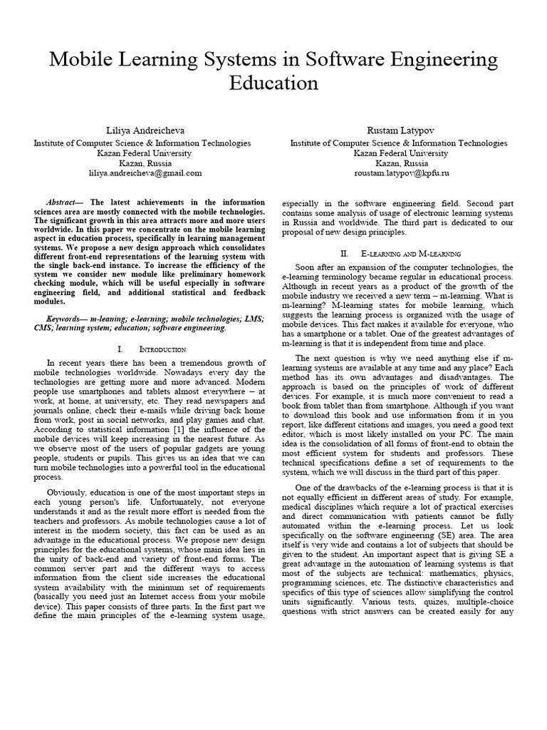 Mobile Learning Systems in Software Engineering Education | PDF | Educational Technology ...