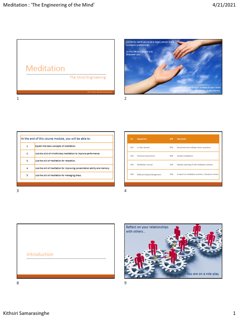 Kithsiri - Meditation Course - UOM.P1 - Introduction - WS | PDF | Meditation | Mind