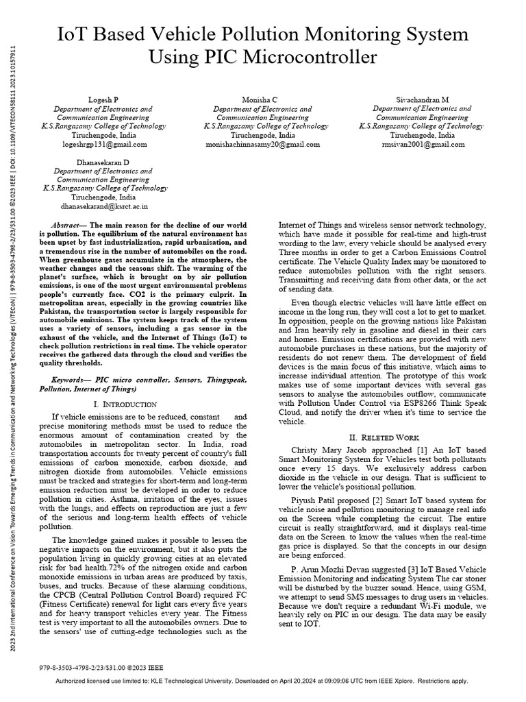 Lot Based Vehicle Pollution Monitoring System Using PIC Microcontroller | PDF | Internet Of ...