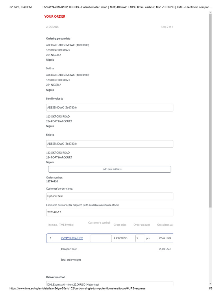 RV24YN-20S-B102 TOCOS - Potentiometer - shaft - 1kΩ; 400mW; ±10%; 6mm; carbon; 1kV; -10÷85°C ...