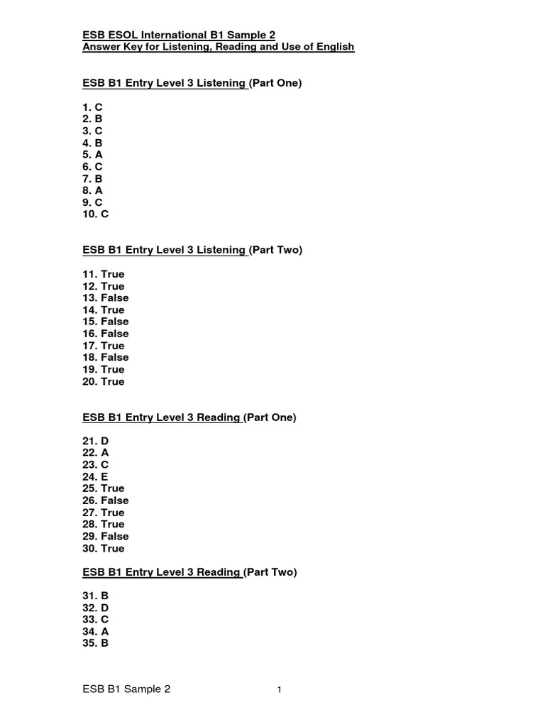 ESB B1 Sample 2 Answer Key | PDF | Science & Mathematics