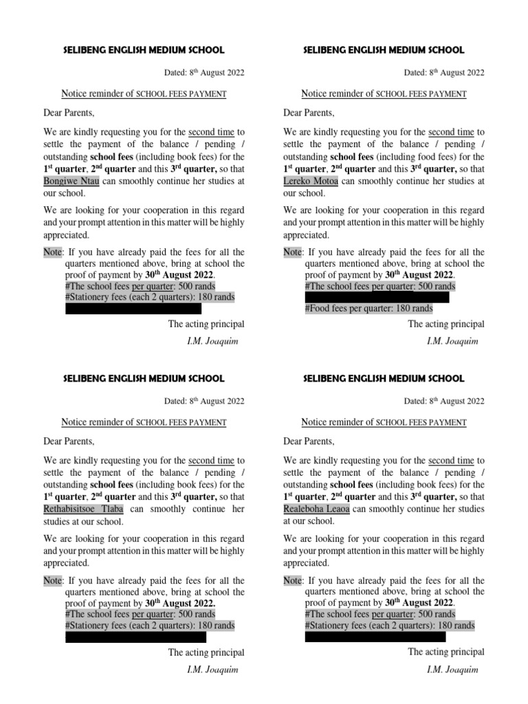 School Fees Payment Reminder Notice | PDF | Money | Payments