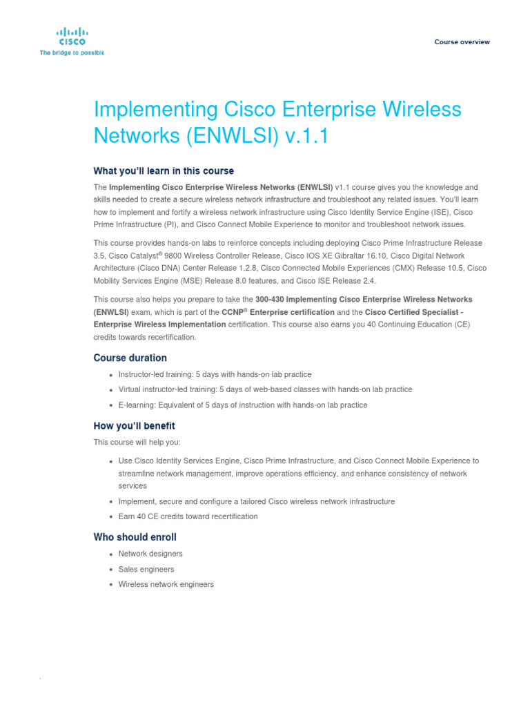 Implementing Cisco Enterprise Wireless Networks Enwlsi | PDF | Wireless ... Implementing Cisco Enterprise Wireless Networks Enwlsi | PDF | Wireless ...