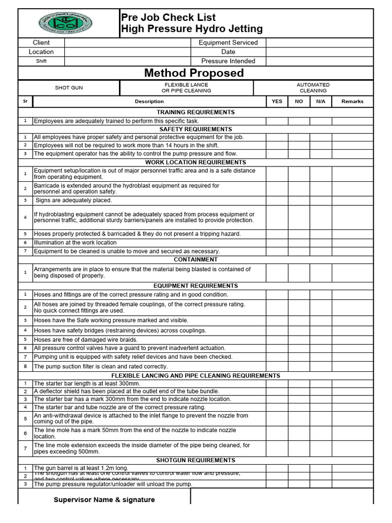 High Pressure Hydro Jetting Checklist | PDF | Pump | Valve