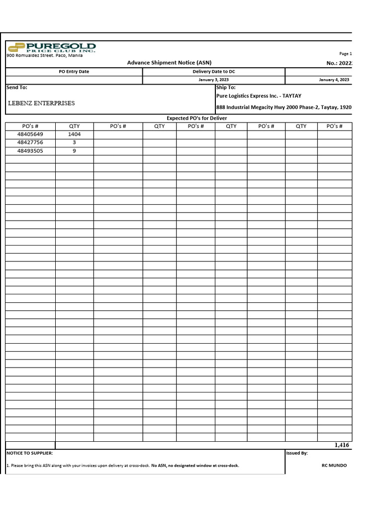 Lebenz Enterprises - Asn Jan 03 | PDF | Business | Logistics