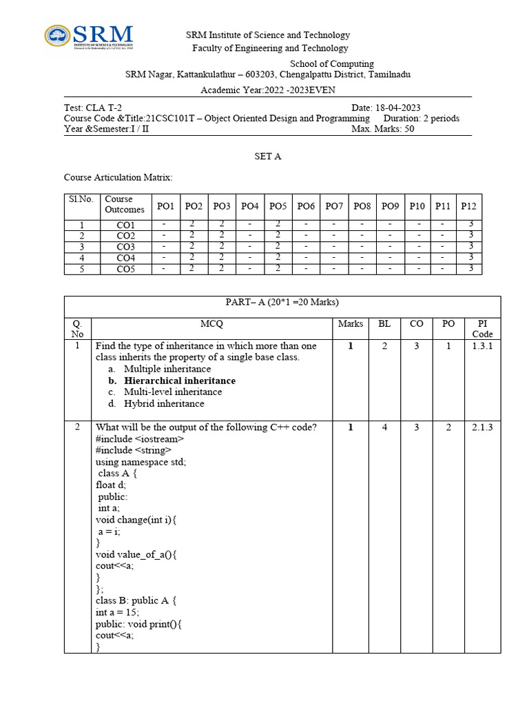 SRM Institute Object Oriented Programming Test | PDF | C++ | Namespace