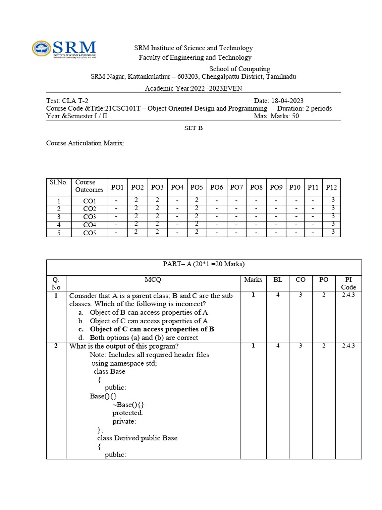 CT-2 QP - Set B_Answer | PDF | Class (Computer Programming) | C++