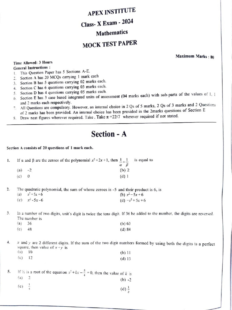 Apex Maths Mock Test | PDF | Sphere | Elementary Mathematics