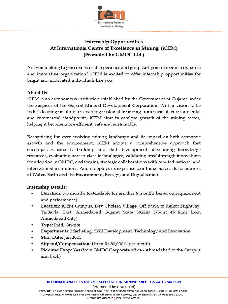 iCEM Internship Opportunities | PDF | Mining | Gujarat