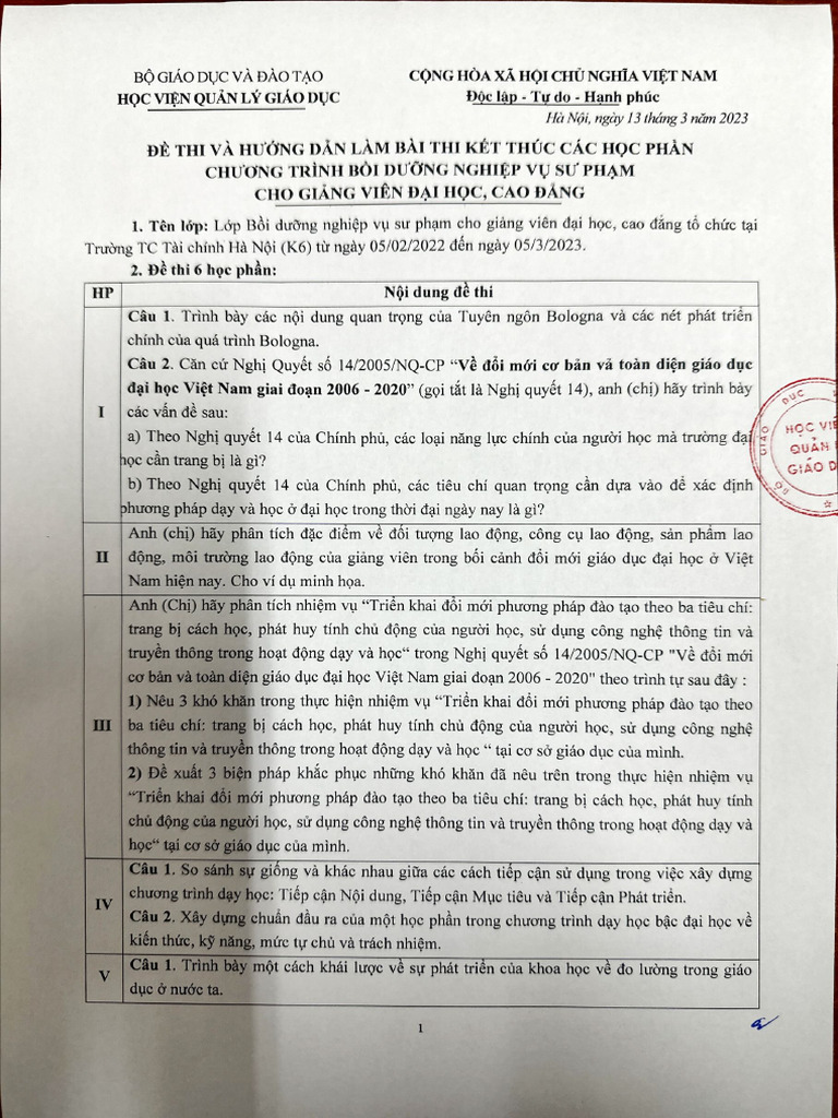 Đề Thi Nvsp k6 Tại Tctc Hà Nội | PDF