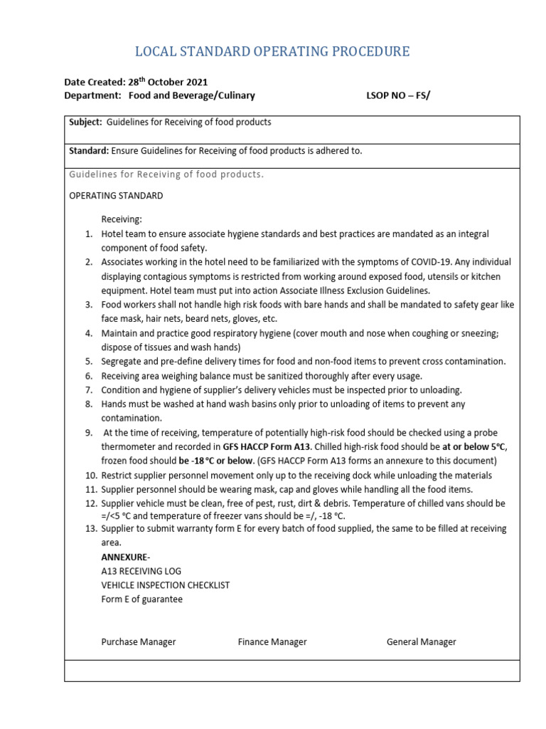 LSOP Receiving | PDF | Hygiene | Hand Washing