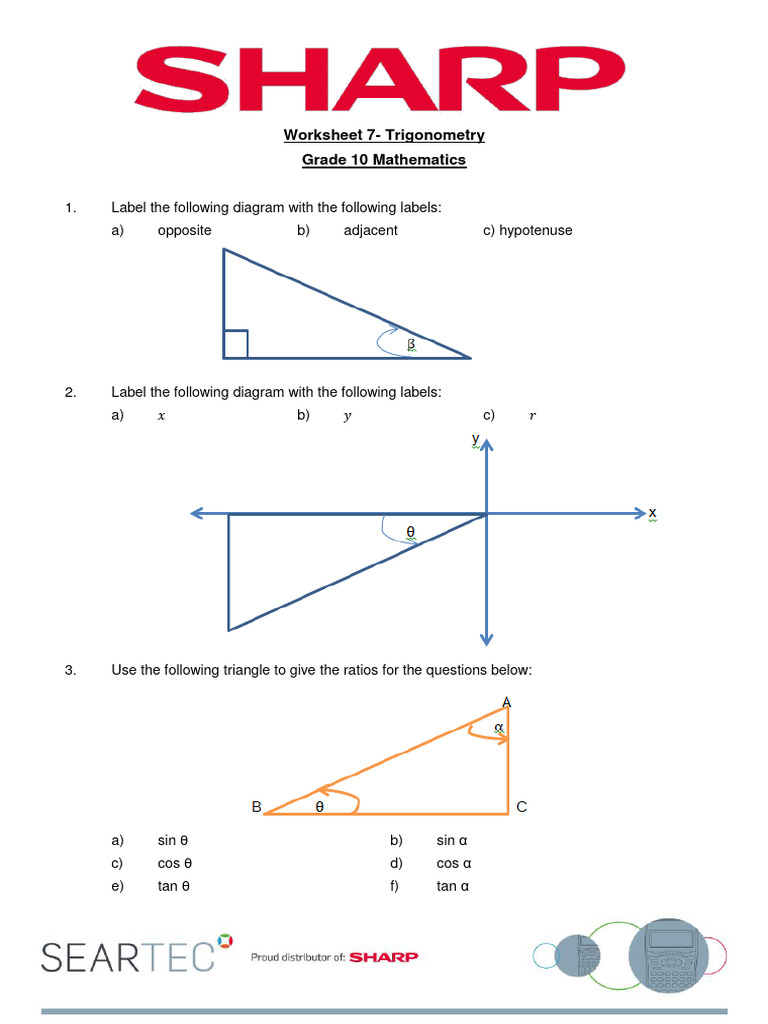Worksheet 7 Trigonometry Basics Grade 10 Mathematics | Download Free ...