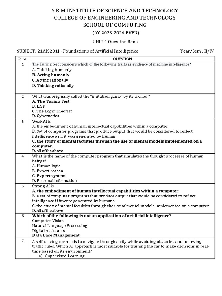Fai Question Bank | PDF | Intelligence (AI) & Semantics | Artificial Intelligence
