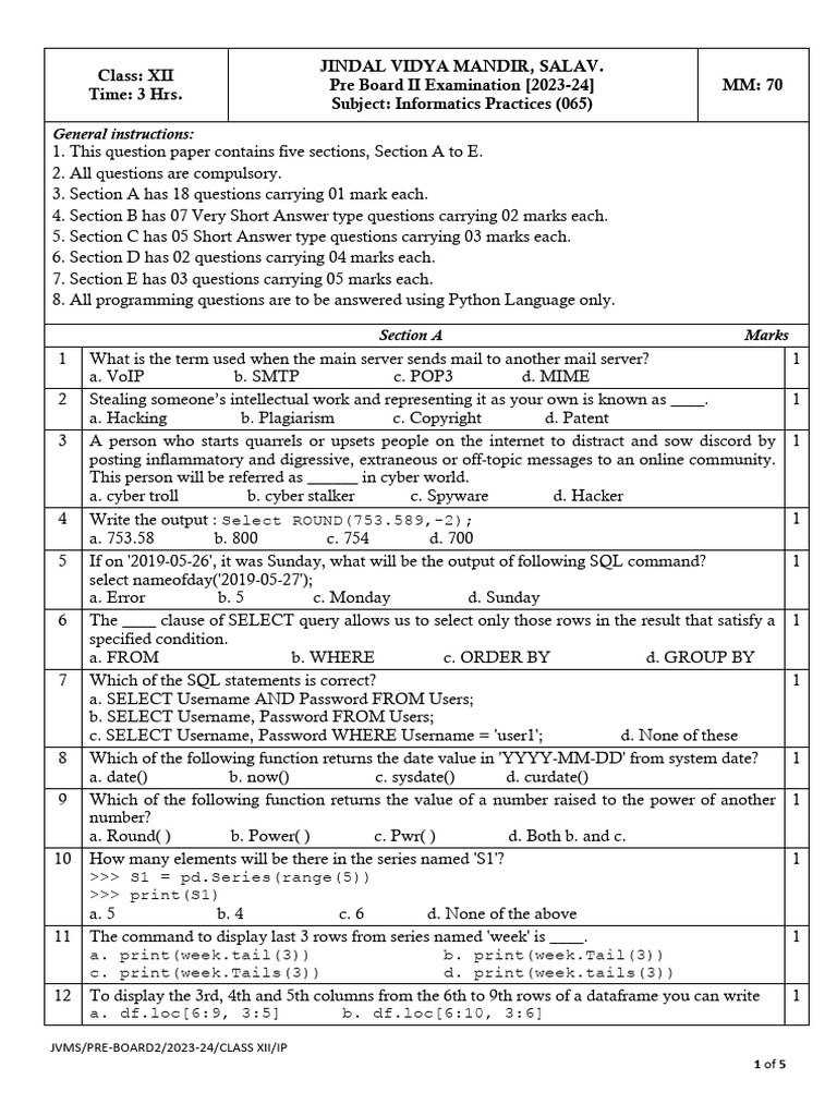 Class: XII Time: 3 Hrs. Jindal Vidya Mandir, Salav. Pre Board II Examination (2023-24) Subject ...