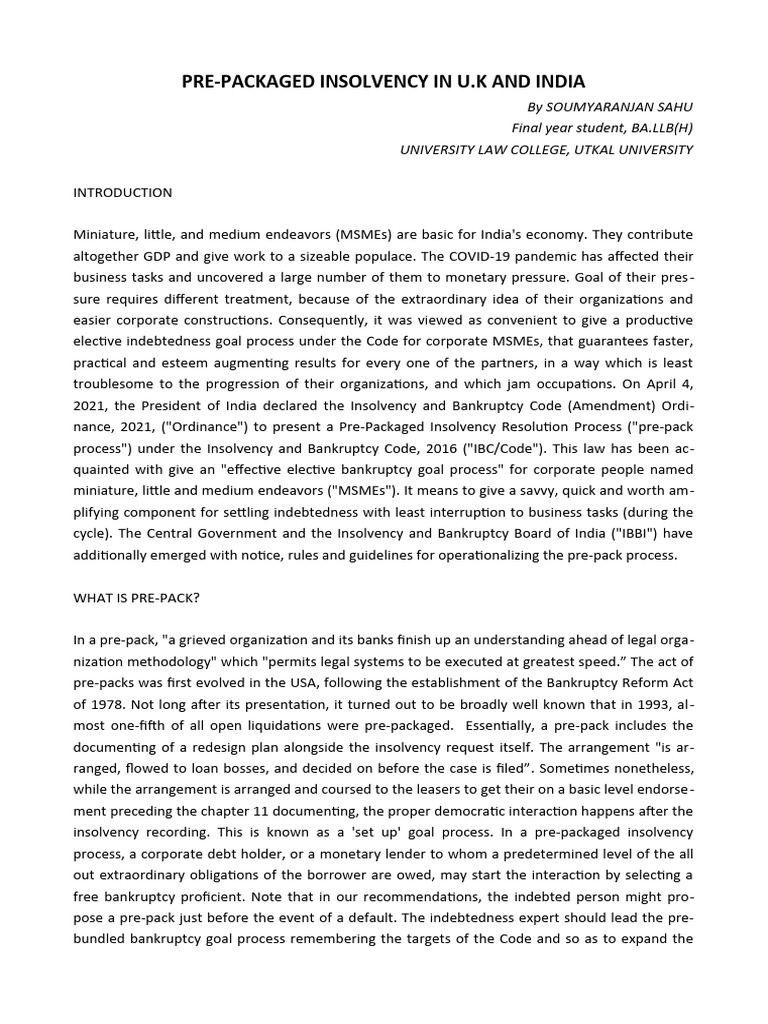 Pre-Packaged Insolvency in U.K and India | PDF | Bankruptcy | Loans